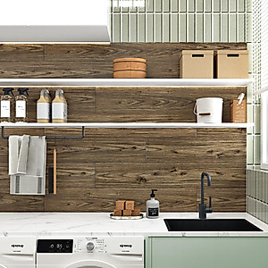 Skyblur Brown Peel and Stick Wooden Floor Tiles for Kitchen Backsplash - Waterproof, Self-Adhesive, 35x6 Inch, 4 Pcs