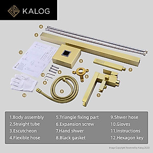 KALOG Waterfall Model Single Handle Freestanding Tub Filler Floor Mount Bathtub Faucet with Square Handheld Shower (Brushed Gold-D)
