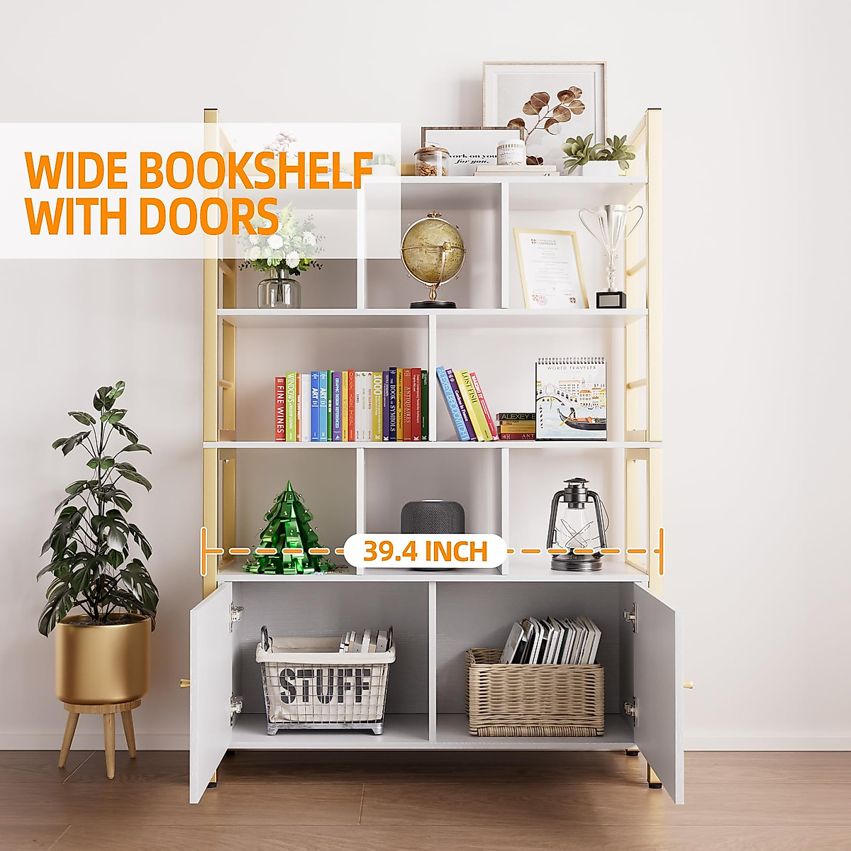Gold and White Bookshelf with Doors, 4 Tier 39.4in Wide Heavy Duty Bookshelves with Cabinet Storage, Large Book Shelf 64.2" H x 39.4" W x 11.8" D Office Shelving, Wood & Metal Bookcase Living Room