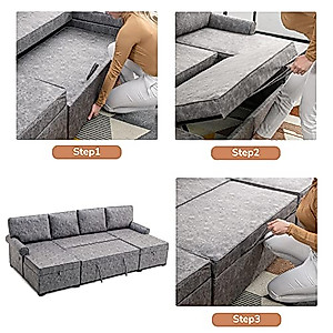 MOEO 108.75" U-Shaped Living Room Sectional Sofa with 2 Chaise Lounges, Large Reversible 6-Seater Couch w/Two USB Port Plug, Storage, Pull Out Bed, Upholstered Nail Head Trim, Grey