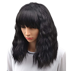 BERON Black Wig for Womens Short Curly Wavy Bob Hair Wigs with Bangs Movie Cosplay Costume Wig Heat Resistant Synthetic Wig Daily Party Use