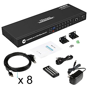 TESmart 16x1 HDMI KVM Switch 16 Port Enterprise Grade Support 4K 60Hz Ultra HD Console Rack Mount Switcher with 8 Pcs 5ft KVM Cable,USB 2.0 Device Control up to 16 PCs/Servers,RS232,LAN Port Control