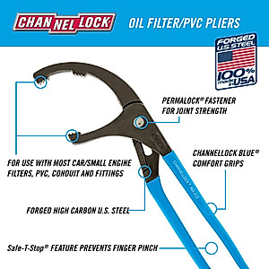 CHANNELLOCK 212 12-inch Oil Filter/PVC Pliers | Made in USA | 2.5 to 3.75-inch Jaw Capacity | Forged High Carbon Steel | Ideal for Engine Oil Filters, Conduit, and Fittings , Blue