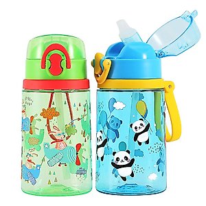 Home Tune 2 Pack Cute Water Bottles with Straw for Kids Girls Boys, BPA FREE Tritan & Leak Proof & Secure Lock & Soft Carry Loop, 14oz / 400ml (Airplane & Panda)