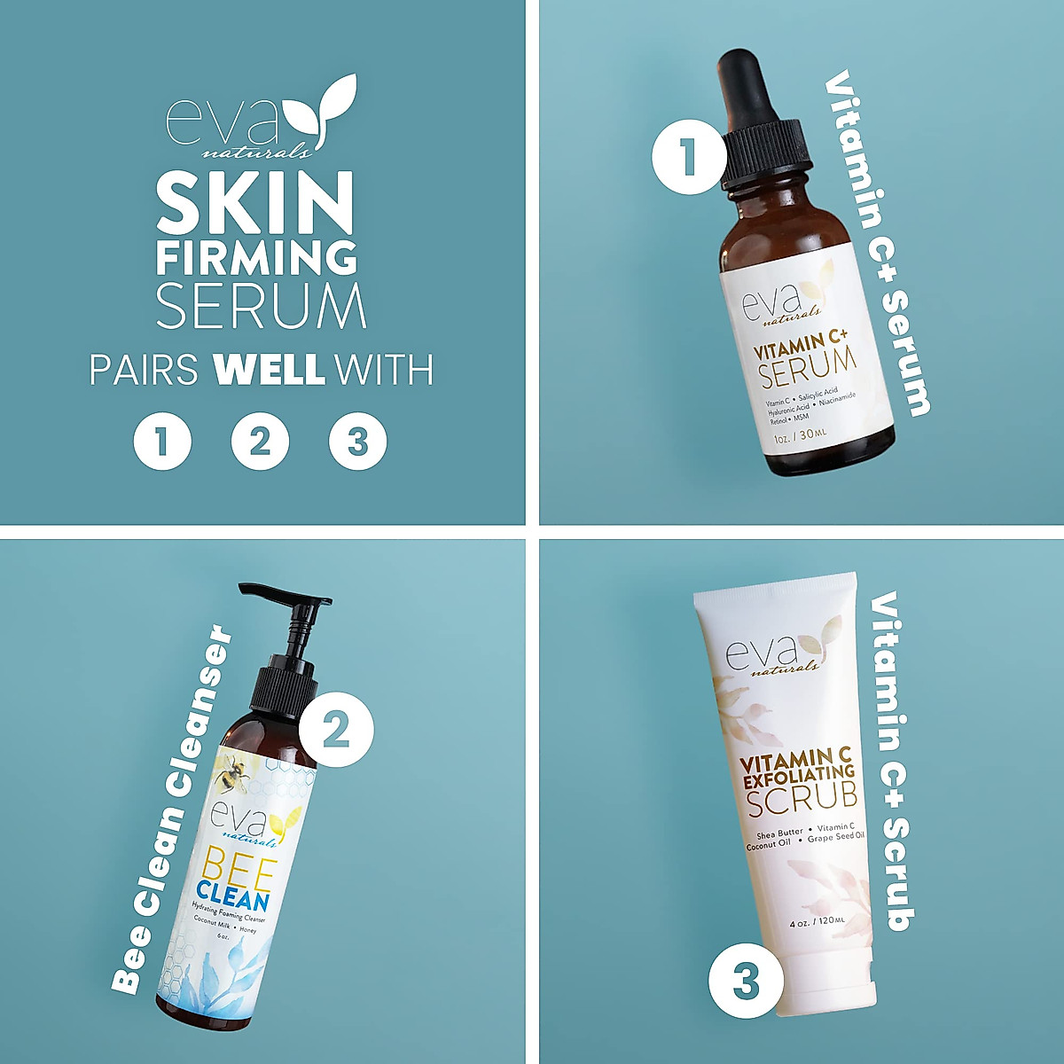 Eva Naturals Skin Firming Serum with Niacinamide and Hyaluronic Acid, 1 oz