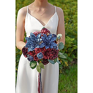 Udoula Burgundy Artificial Flowers Combo Pack, Faux Navy Blue Flowers Wedding Combo for DIY Wedding Bouquets Combo Arrangements Party Bridal Baby Shower centerpieces