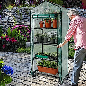 Worth Garden 4 Tier Mini Greenhouse w/Upgraded Castors Wheels - Portable Small Gardening Green House with PE Cover - Heavy Duty Swivel Castors with Brakes - 64''H x 27''L x 19''W Indoor & Outdoor