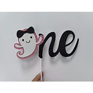 Pink and Black Glitter Halloween Ghost One Cake Topper Halloween Baby Ghost Cake Topper One Ghost Cake Topper for Halloween Girl 1st Birthday Cake Supplies