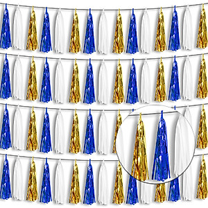 4 Pack Navy-Blue White and Gold Foil Fringe Tassel Banner Garland Metallic Tinsel Streamers Wall Hanging Curtain Backdrop Banners for Parade Floats, 2024 Graduation, Retirement Party Decoratio