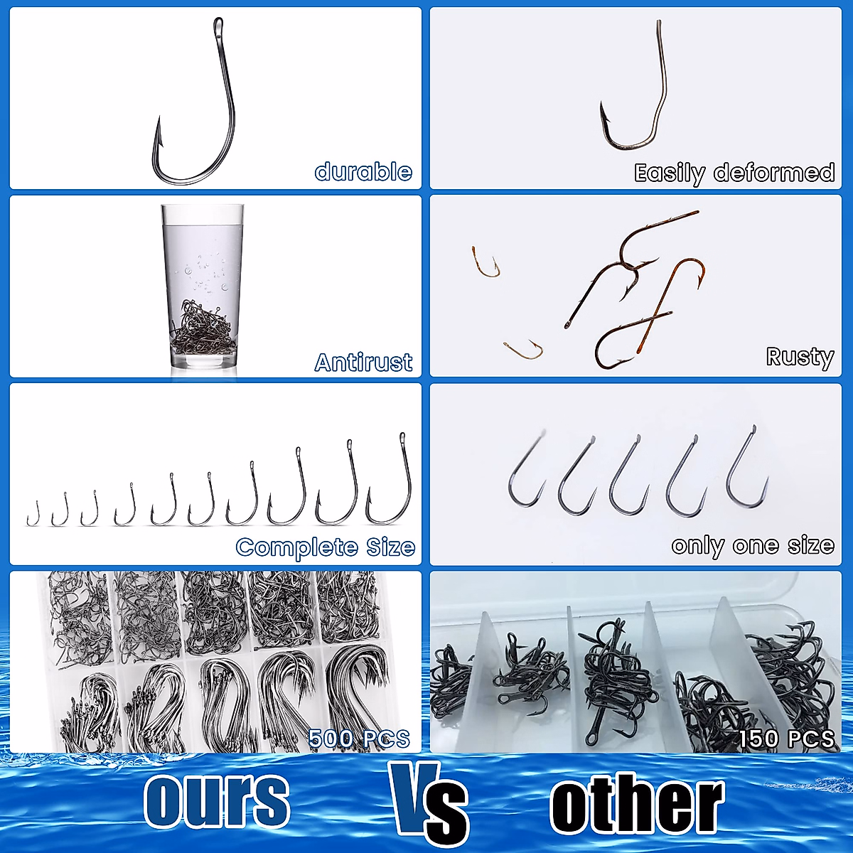 Carbon Steel Fishing Hooks 500 Pcs, Circle Hooks Assortment for Saltwater Freshwater Ice Fishing, Salt Water Fish Hooks for Catfish Trout Bass Octopus Multi Size 6 8 10 12 14 16 18 20 22 24