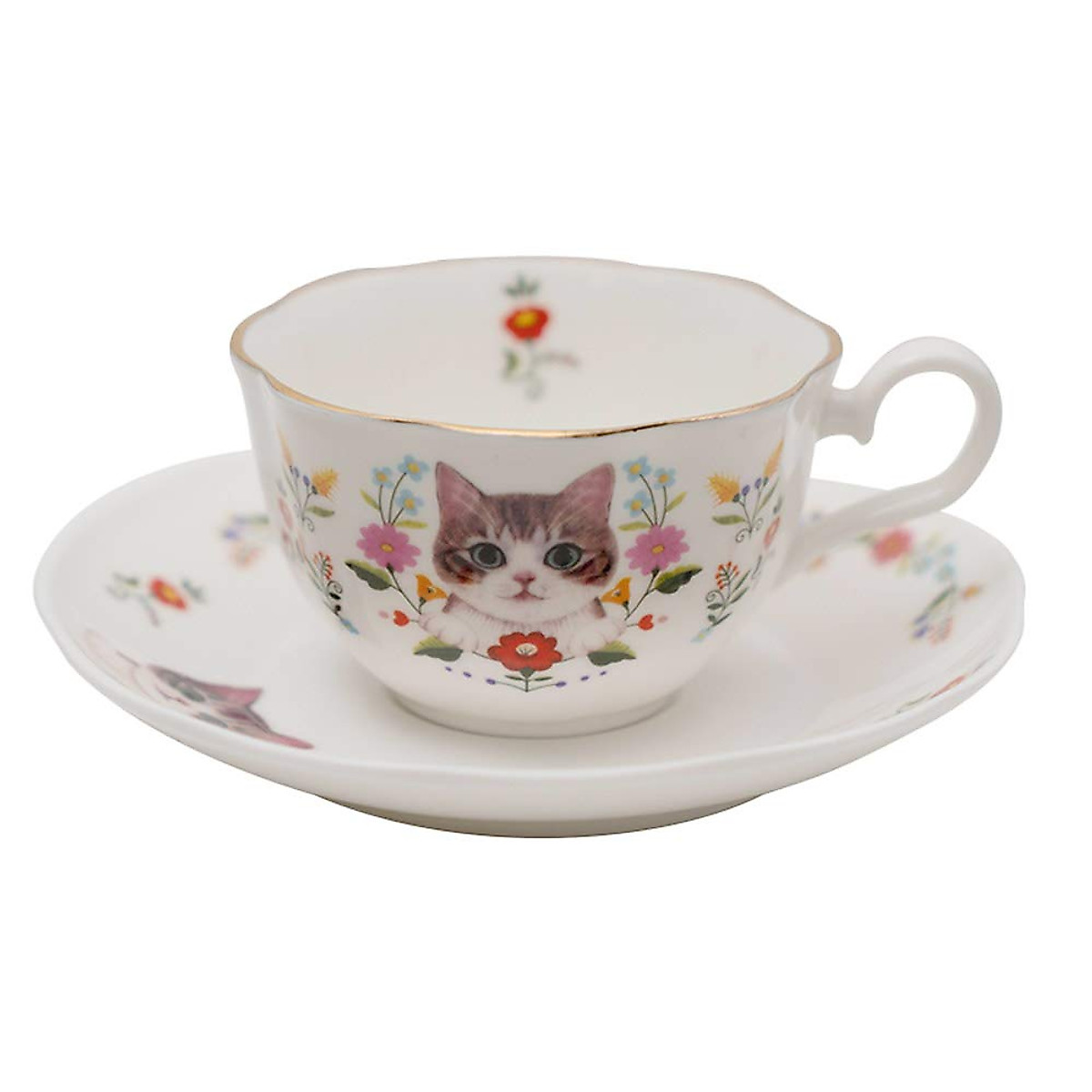 123Arts Ceramic Cat and Flower Coffee Mug Teacup Set with Saucer