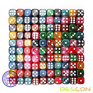 Bescon A Lot of Glitter 16MM D6 Set 100pcs, Assorted Colored Glitter Dice Set 100pcs