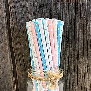 Gender Reveal Paper Straws - Light Blue Pink White - Polka Dot - 7.75 Inches - 100 Pack - Outside the Box Papers Brand