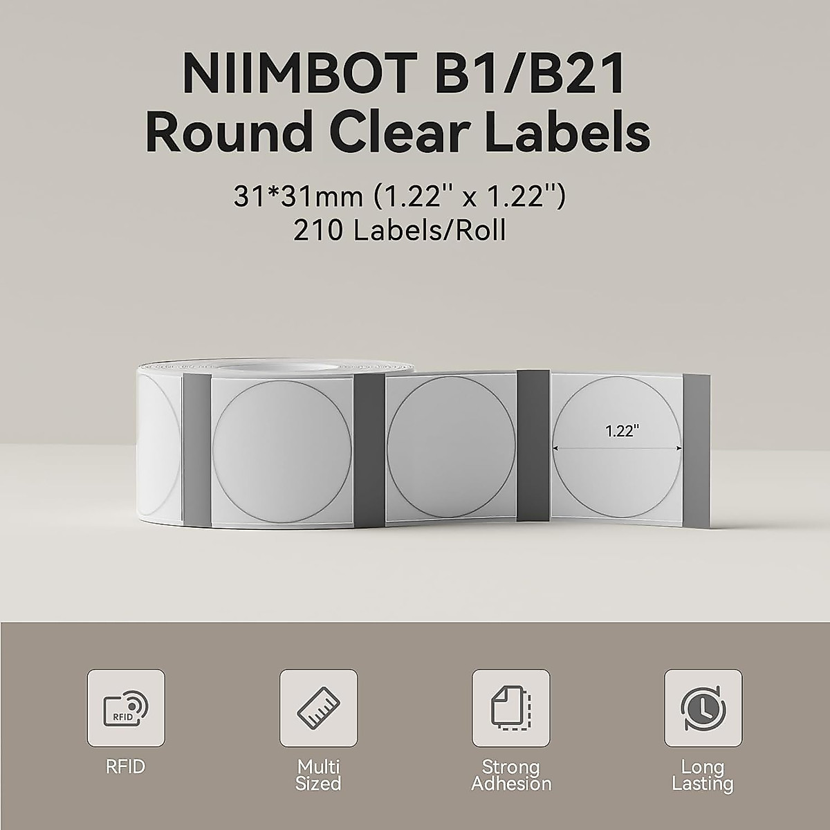 NIIMBOT B1 Label Tape B21 Transparent Labeling Tape 1.2" X 1.2" (31x31mm) Thermal Label Print Paper NIIMBOT Labels for Candles/Gifts/Mailing/Logo/Jars/Bottles Tag, 210 Labels/Roll, Clear