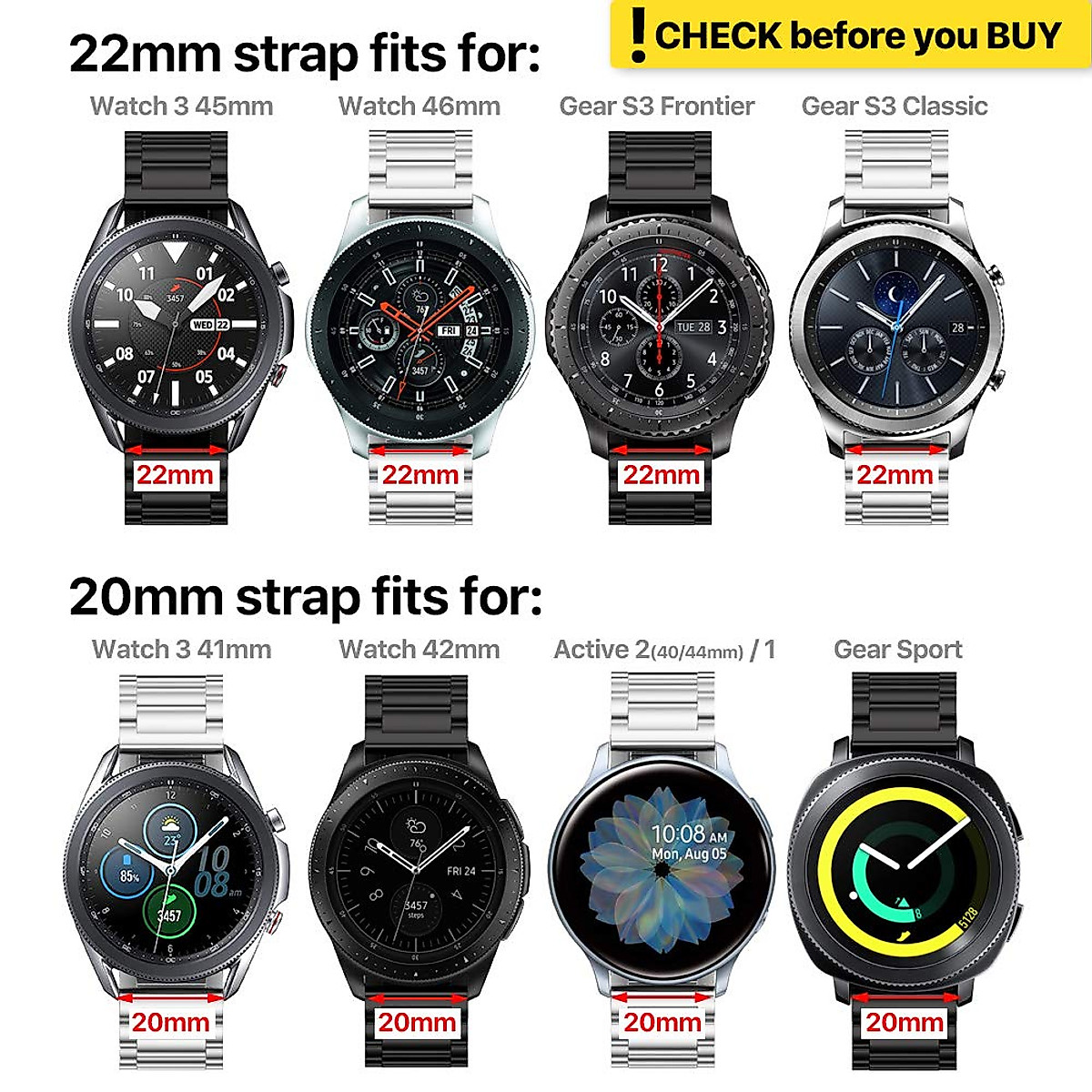 Intoval Band for Samsung Galaxy Watch 3 45mm / Watch 46mm / Gear S3 Frontier/Classic, Garmin Fenix 5/5 Plus/ 6/6 pro Premium Stainless Steel Bands with Link Adjustment Tool (22mm Strap, Black)