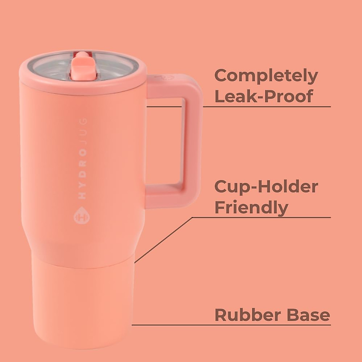 HydroJug Traveler - 20 oz Water Bottle with Handle & Flip Straw - Fits in Cup Holder, Leak Resistant Tumbler-Reusable Insulated Stainless Steel & Rubber Base - Gifts for Women & Men, Summer Peach