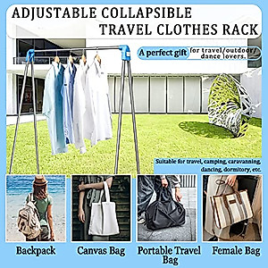 Portable Foldable Garment Rack, Adjustable Collapsible Travel Mini Clothes Rack with 6 Bags/3 Foldable Hangers/1 Storage Bag, Folding Drying Clothing Rack for Dance,Camping,Outdoor, Indoor