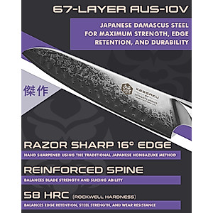 KESSAKU Santoku Knife - 7 inch - Damascus Dynasty Series - Razor Sharp Kitchen Knife - Forged 67-Layer Japanese AUS-10V High Carbon Stainless Steel - G10 Garolite Handle with Blade Guard