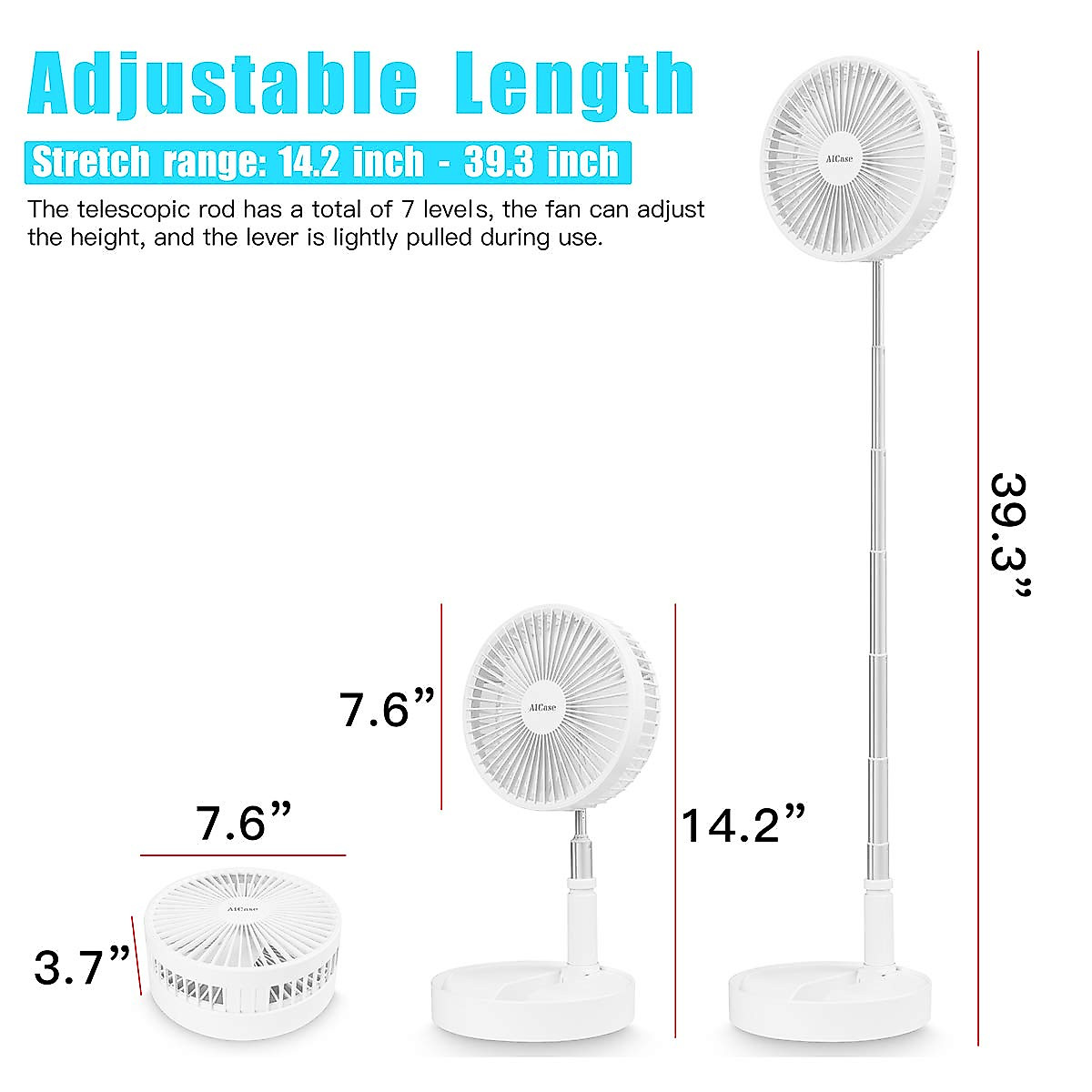 AICase Stand Fan,Folding Portable Telescopic Floor/USB Desk Fan with 7200mAh Rechargeable Battery,4 Speeds Super Quiet Adjustable Height and Head Great for Office Home Outdoor Camping