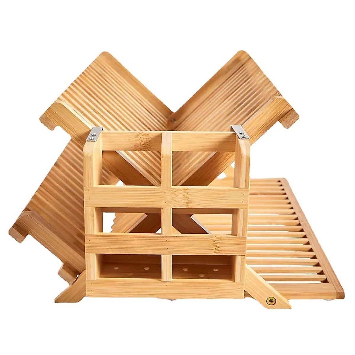 Olioeiao Bamboo Dish Drying Rack for Kitchen - Collapsible 3-Tier Wooden Folding Drainer with Utensil Holder and Dish Strainer Board for Countertop, Sink, and Racks Dryer (Natural)