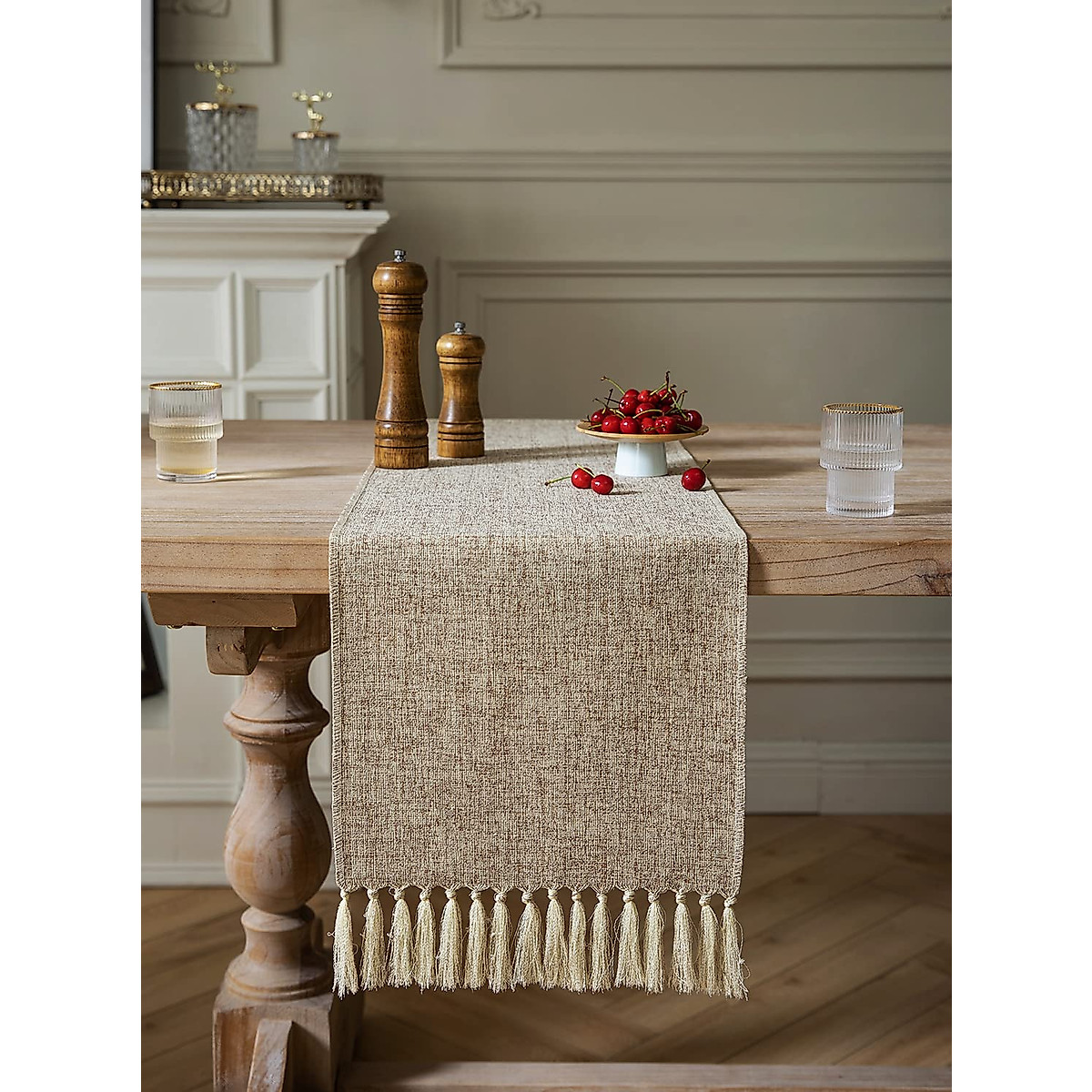 ZeeMart Beige Table Runners 90 Inches Long, Burlap Linen Style Rustic Farmhouse Table Runner, Long Boho Dining Table Runner, 13x90 Inches, Oatmeal Beige