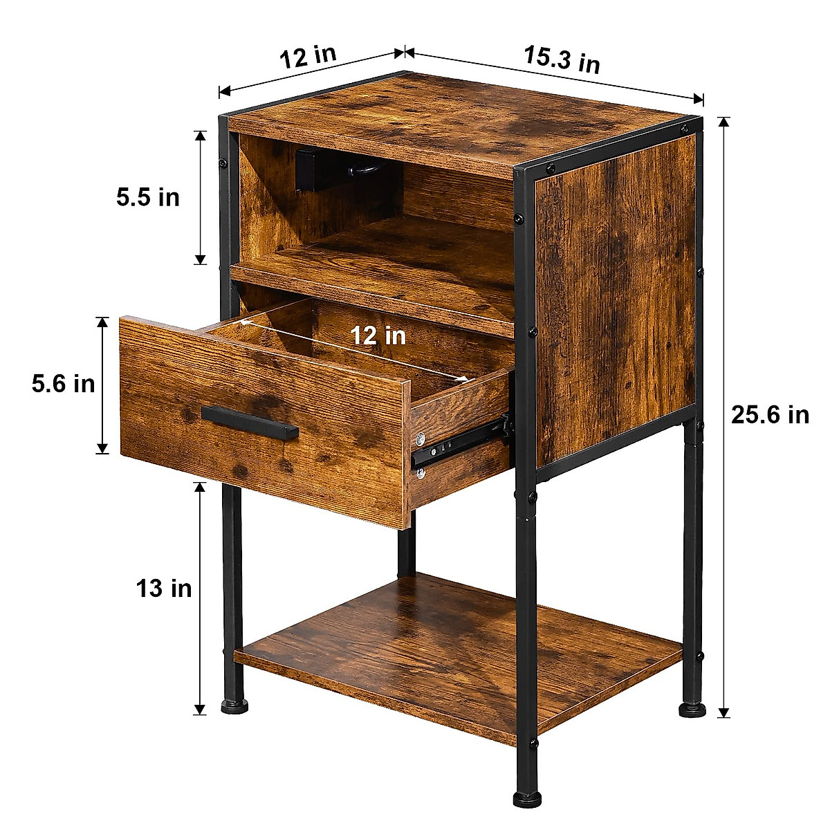 EOYUTLLY Nightstand with Charging Station,End Table with USB Ports & Power Outlets, Night Stands with Storage Drawer for Bedroom Living Room (Rustic Brown Set of 2)