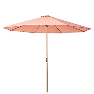 Tempera 10 ft Auto-Tilt Patio Umbrella with Fringe, Outdoor Tassel Umbrella with Wood Color Aluminum Pole & 8 Steel Ribs, Best Vintage luxurious Table umbrellas for Deck, Garden, Lawn & Pool