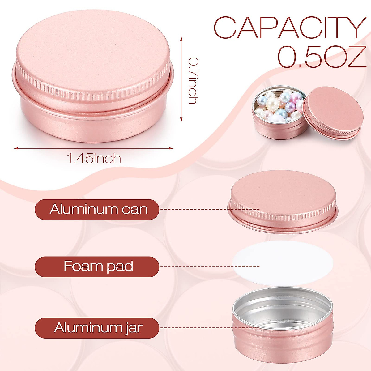 Patelai 64 Pieces Lip Balm Tin Containers Screw Top Round Tin Cans Aluminum Jar with Screw Lid, Empty Bottle Travel Cosmetic Sample Container for DIY(0.5 oz,Rose Gold)