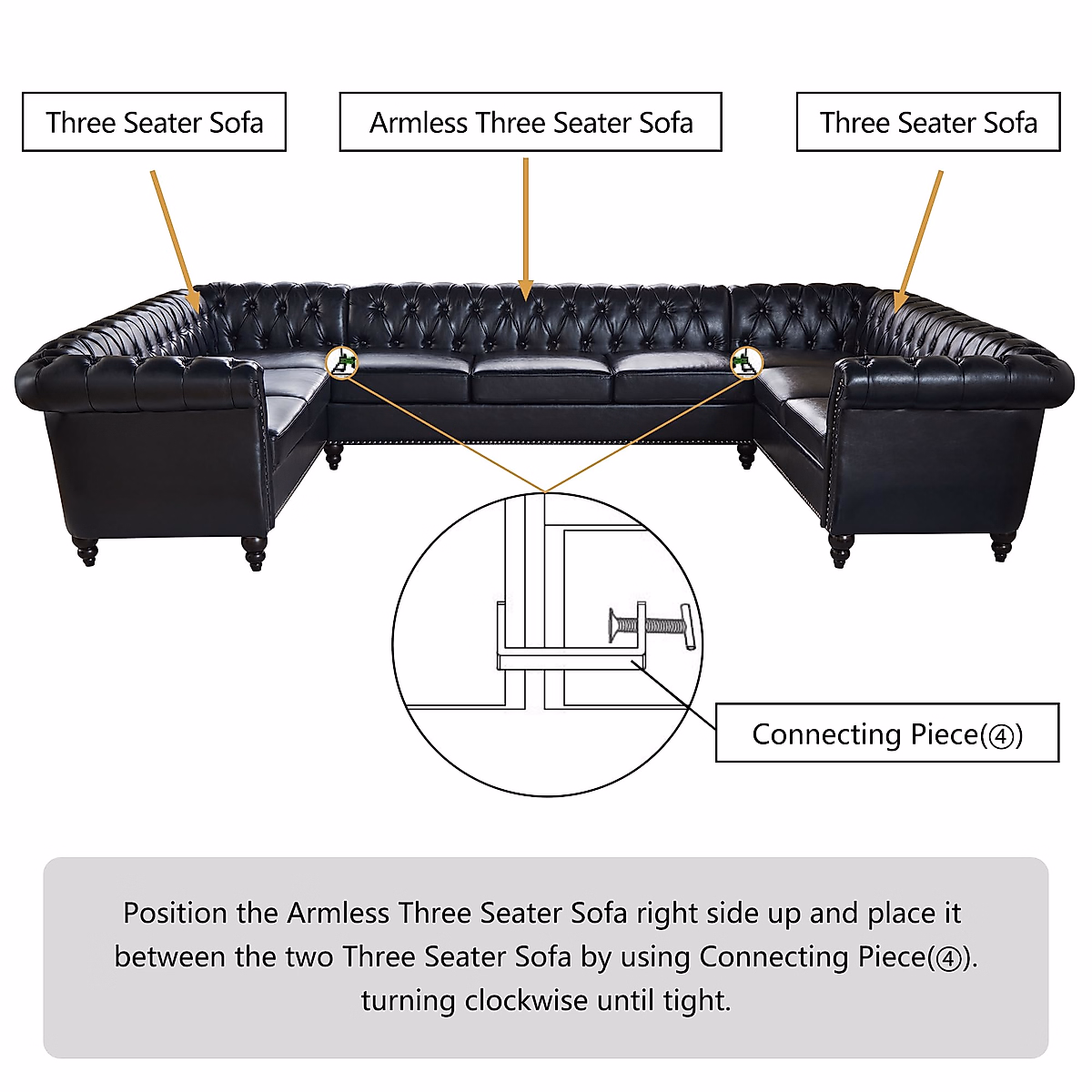QHITTY U-Shaped Sofa, Sectional Chesterfield Leather Faux Couch 9-Seater Upholstered Large Accent Tufted Sofa with Rolled Armrest and Nailhead Design for Living Room, Apartment, Office (Black)