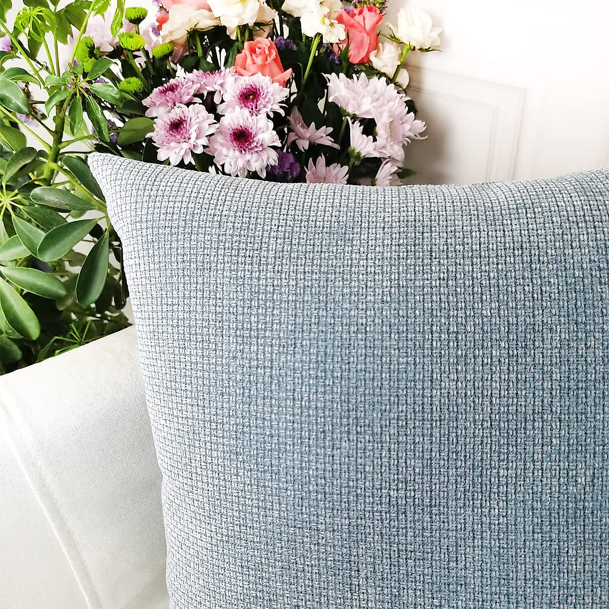 Booque Valley Pack of 2 Rough Chenille Pillow Covers，Thick Texture Solid Rustic Farmhouse Cushion Covers Square Throw Pillow Cases for Sofa Bedroom 18 x 18 Inch Light Blue