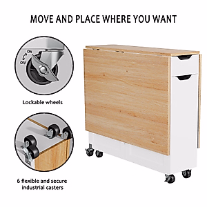 Folding Dining Table, Dinner Table with Drawer and Storage and Shelves, Space Saving Dining Table with 6 Wheels, Kitchen Table for Small Spaces (Light Brown)