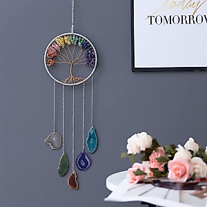 Gem Dream Catchers Agates 7 Chakra Gemstone Wall Hangings Tree of Life Meditation Ornament Home Chakra Feng Crystals Decor Stone…