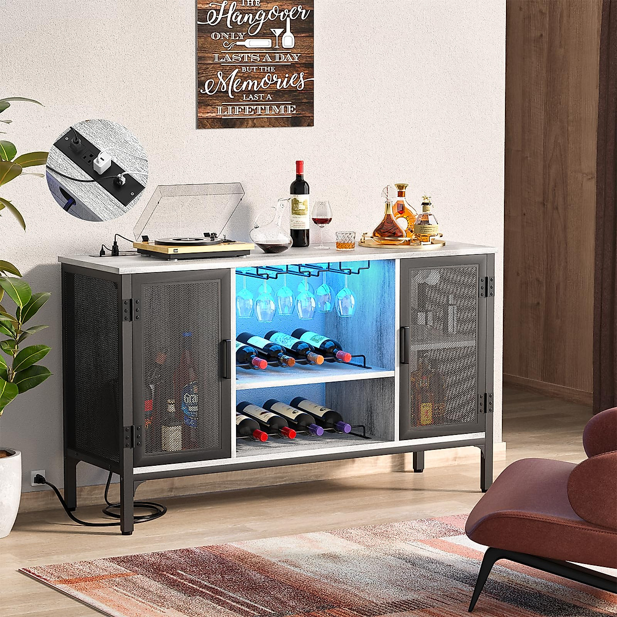 Homieasy Wine Bar Cabinet with Led Lights and Power Outlets, Industrial Coffee Bar Cabinet for Liquor and Glasses, Farmhouse Bar Cabinet with Removable Wine Racks, Light Oak