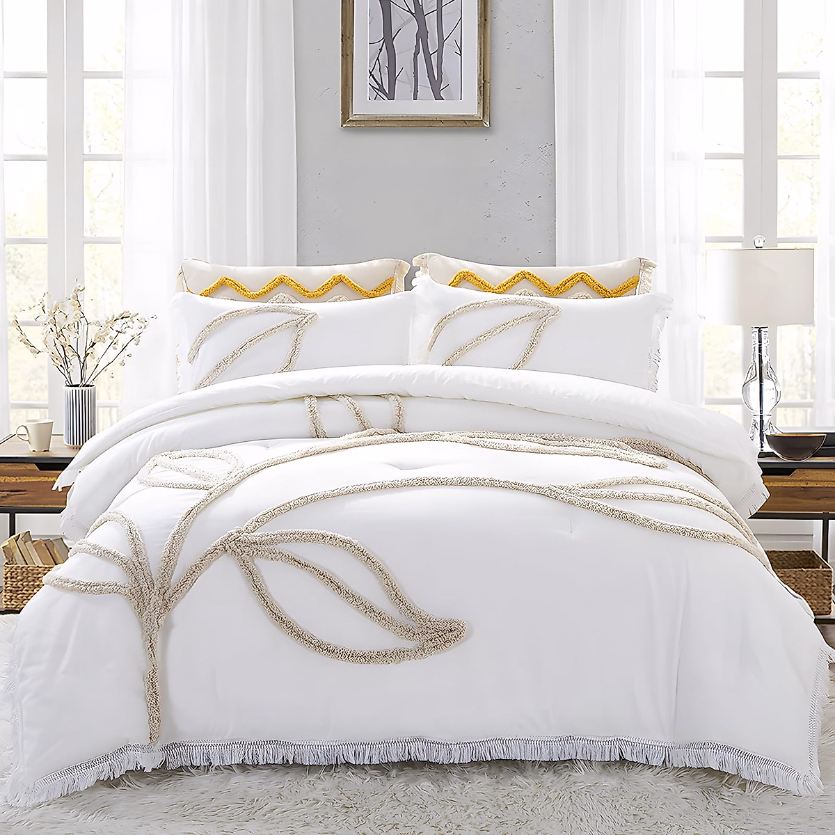 Rvciby Boho Leaf Duvet Cover Queen Size,Soft Microfiber Bedding Set with Tassel and Tufted Pattern,3 Pieces,1 Duvet Cover with Zipper Closure & Corner Ties and 2 Pillow Shams,90 X 90 Inches (White)