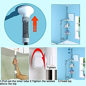 BAOYOUNI 3-Tier Shower Pole Caddy Tension Rod Bathroom Corner Shelf Bathtub Kitchen Countertop Spices Storage Rack Organizer with 1 Towel Bar, Ivory, 45.27-98.42 Inches