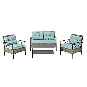 4-Piece Outdoor Patio Pe Wicker Furniture Set with Black Metal Table Brown Modern Contemporary Deep Seating Weather Resistant