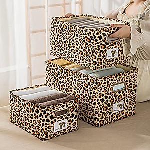 PRANDOM Collapsible Storage Baskets for Closet [3-pack] Decorative Linen Fabric Storage Bins Cubes with Metal Handles for Shelves Bedroom Living Room Leopard print (11.5x8.5x6.7 Inch)