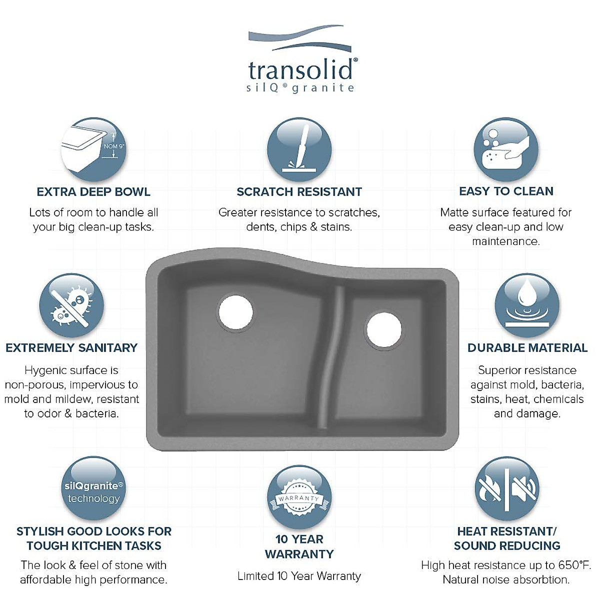 Transolid AUDA3221-17-1 Aversa SilQ Granite 32-in. Undermount Kitchen Sink, Gray