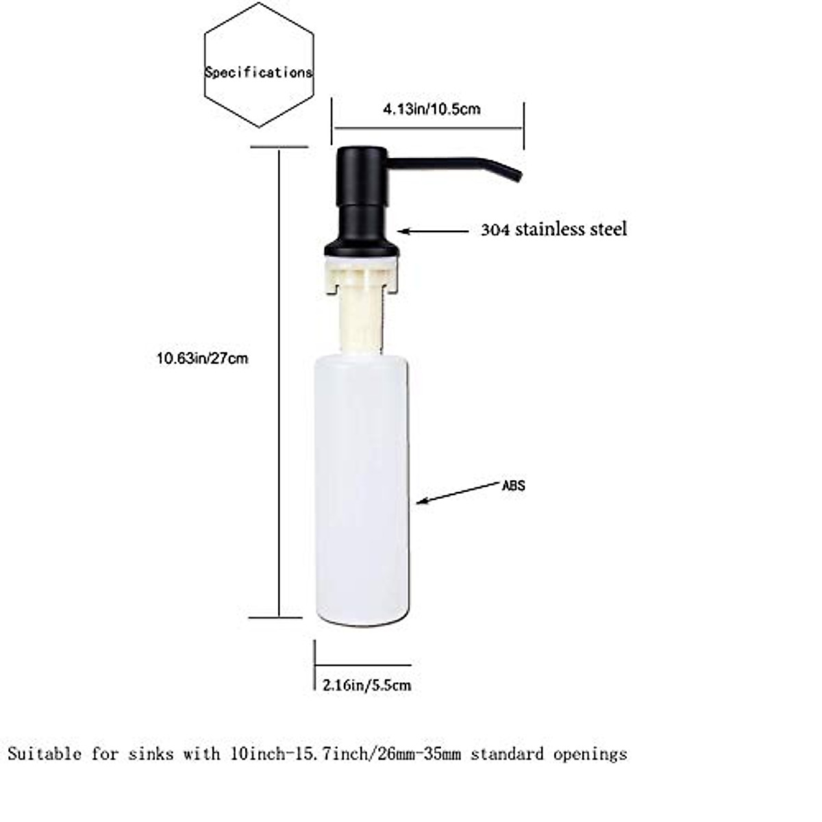 Soap Dispenser, Stainless Steel Pump Head Kitchen Sink Soap Dispenser, 10.14 OZ Capacity (Black)