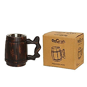 GoCraft Handmade Wooden Beer Mug with 18oz Stainless Steel Cup | Great Beer Gift Ideas Wooden Beer Tankard for Men | Vintage Bar accessories - Barrel Brown Classic Design