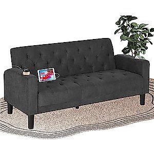 VAMEPOLE Sofa Couch, 62" Small Loveseat Couches w/2 USB Charger Ports & 2 Cup Holders for Living Room Furniture, Tufted Upholstered Comfortable Love Seat, Small Couches for Small Spaces (Dark Grey)