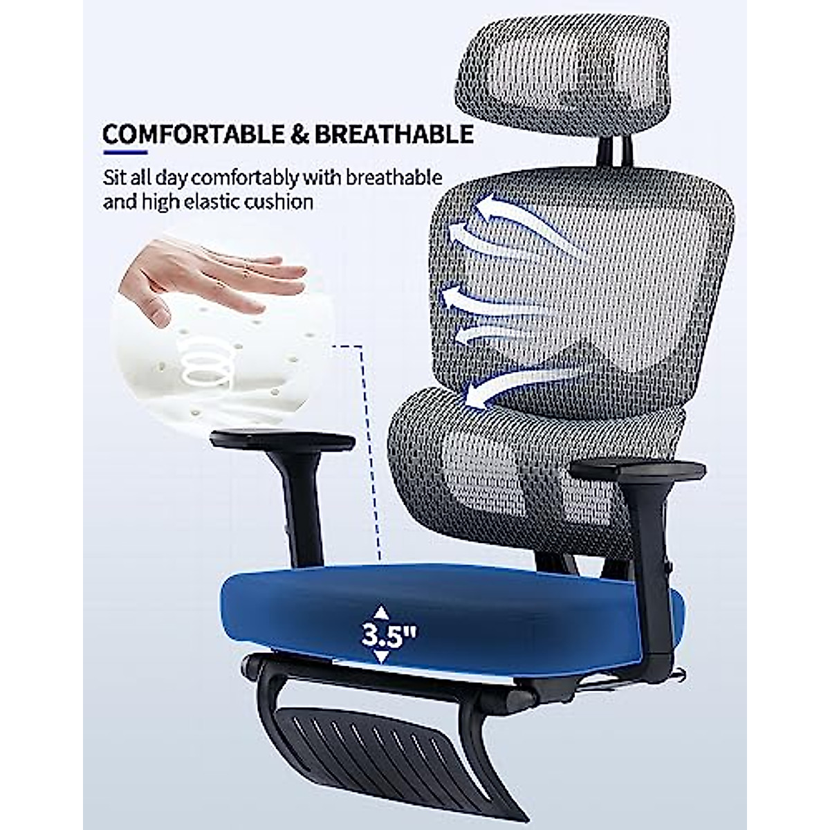 Ergonomic Office Chair with Foot Rest, Rubber Wheels Desk Chair with Lumbar Support, Adjustable Headrest & 3D Armrest, Mesh Computer Chair for Adults, Reclining Home Office Chair BlackGray