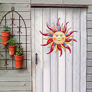 Daogtc Metal Sun Wall Art Decor-17.3 inches Rustic Retro Metal Sun Hanging Decoration for Indoor Outdoor,Metal Sun Art Sculpture for Home Garden Farmhouse Yard Patio Fence Living Room Bedroom(Red)