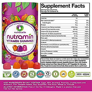 NUTRAMIN Daily Vegan Keto Multivitamin Gummies Vitamin C, D2, and Zinc for Immunity, Plant-Based, Sugar-Free, Nut-Free, Gluten-Free, with Biotin, Vitamin A, B, B6, B12 & More 90 Count, 45 Days