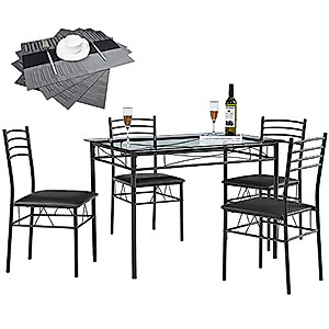 VECELO Dining Table with 4 Chairs [4 Placemats Included, Black, 43.3x27.5x30, 15.7x16.9x33.8