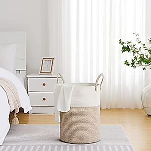 VIPOSCO Large Laundry Hamper, Tall Woven Rope Storage Basket for Blanket, Toys, Dirty Clothes in Living Room, Bathroom, Bedroom - 58L White & Brown
