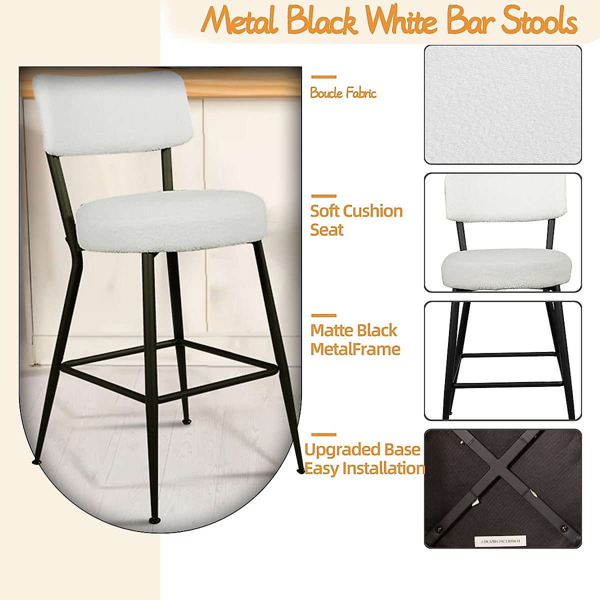 Sucrever 24” Boucle Bar Stools Set of 2, Counter Height Bar Stools with Back, Sherpa Barstools with Black Metal Legs/Footrest, Cream White
