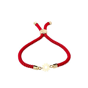 Reem's Gold 18kt Yellow Gold Adjustable Cord Bracelet for Women, Solid 18Kt Gold Flower Charm, Bracelet (RUZA Bracelet), Perfect Valentine's Day Gift (Red)