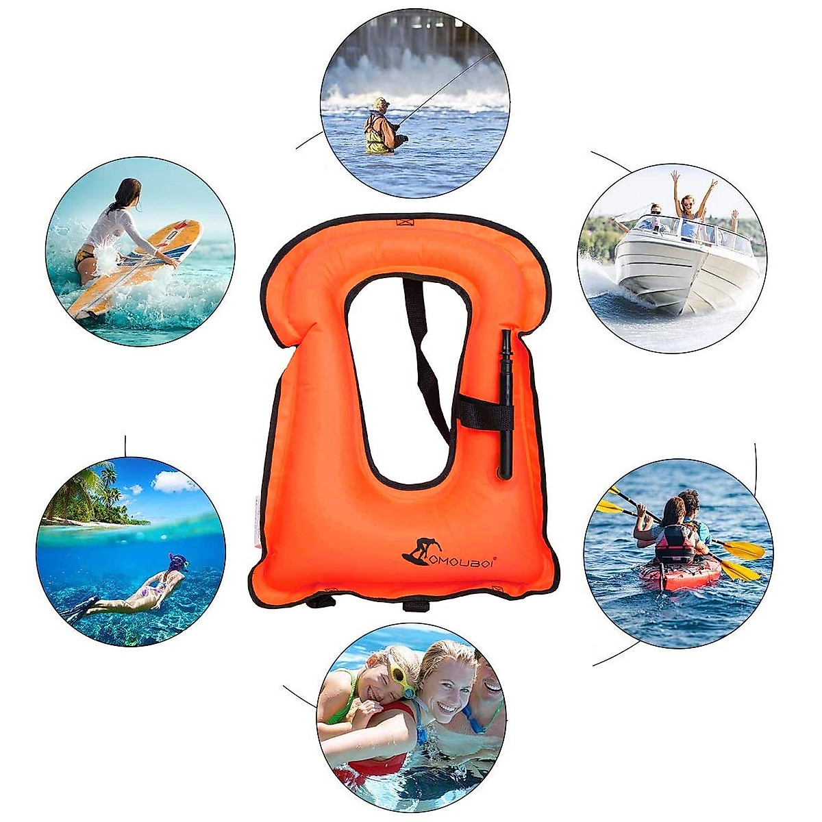 OMOUBOI Snorkel Vest for Adults Swim Vests Inflatable Snorkeling Jackets for Diving, Snorkeling, Swimming Safety (Suitable for 100-220 lbs) (Orange)