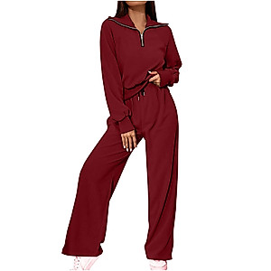 DOLKFU deals of the day clearance prime lounge set Womens Half Zip Long Sleeve Casual Hoodies Tracksuit Wide Leg Loose Jogger Pant Fall Fashion 2 Piece Outfits Red L